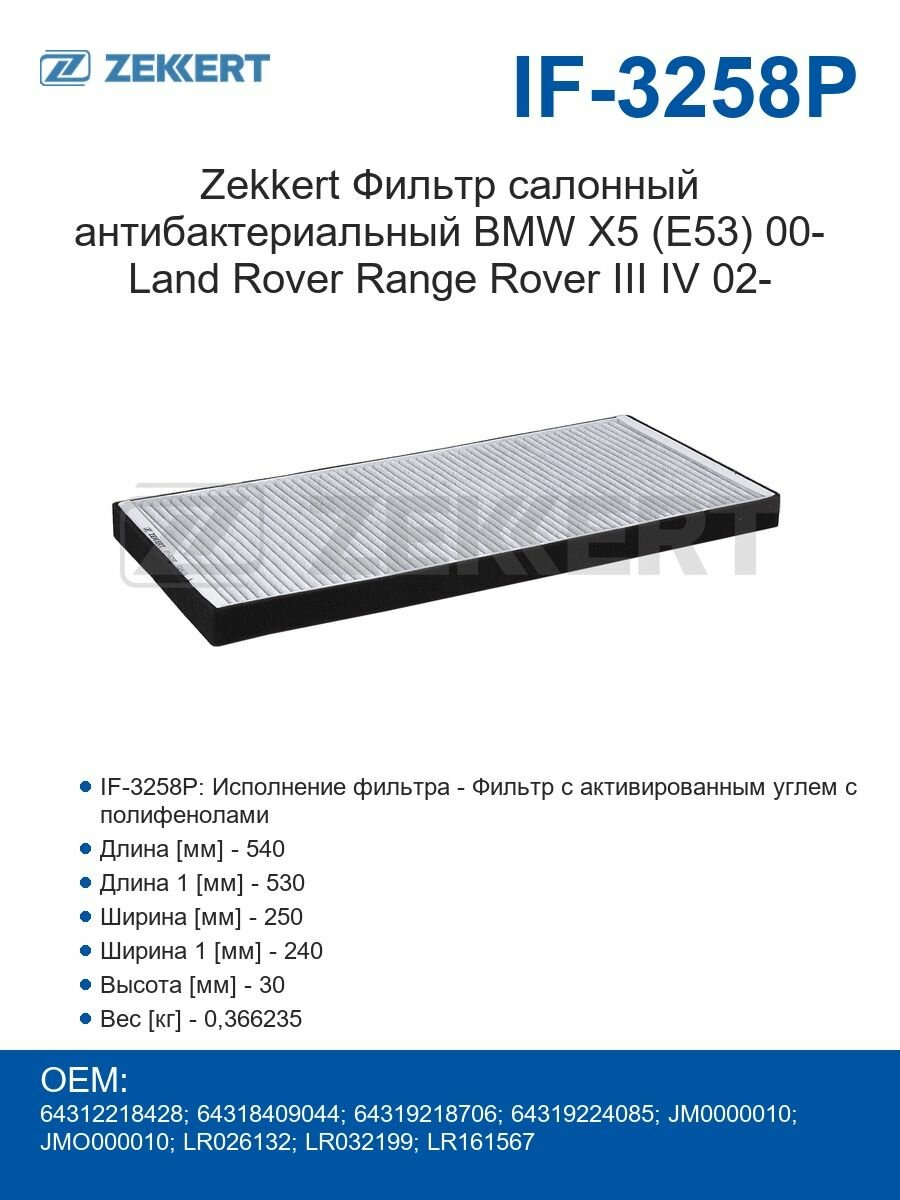 Zekkert Фильтр салонный антибактериальный BMW X5 (E53) 00- Land Rover Range Rover III IV 02-