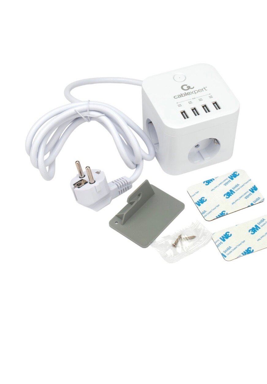 Cablexpert Cube Сетевой фильтр CUBE-3-U4-W-1.5. 3 раз, 10A, 4xUSB, 1.5м уровень защиты 4+ цвет белый