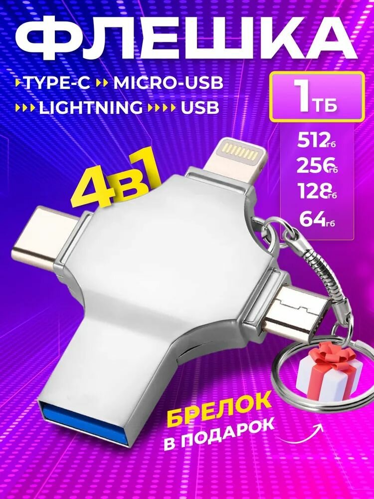 GEALFIS флешка 1TB 4 в 1 для iPhone и Android, USB Type-C, Lightning, высокая скорость передачи данных