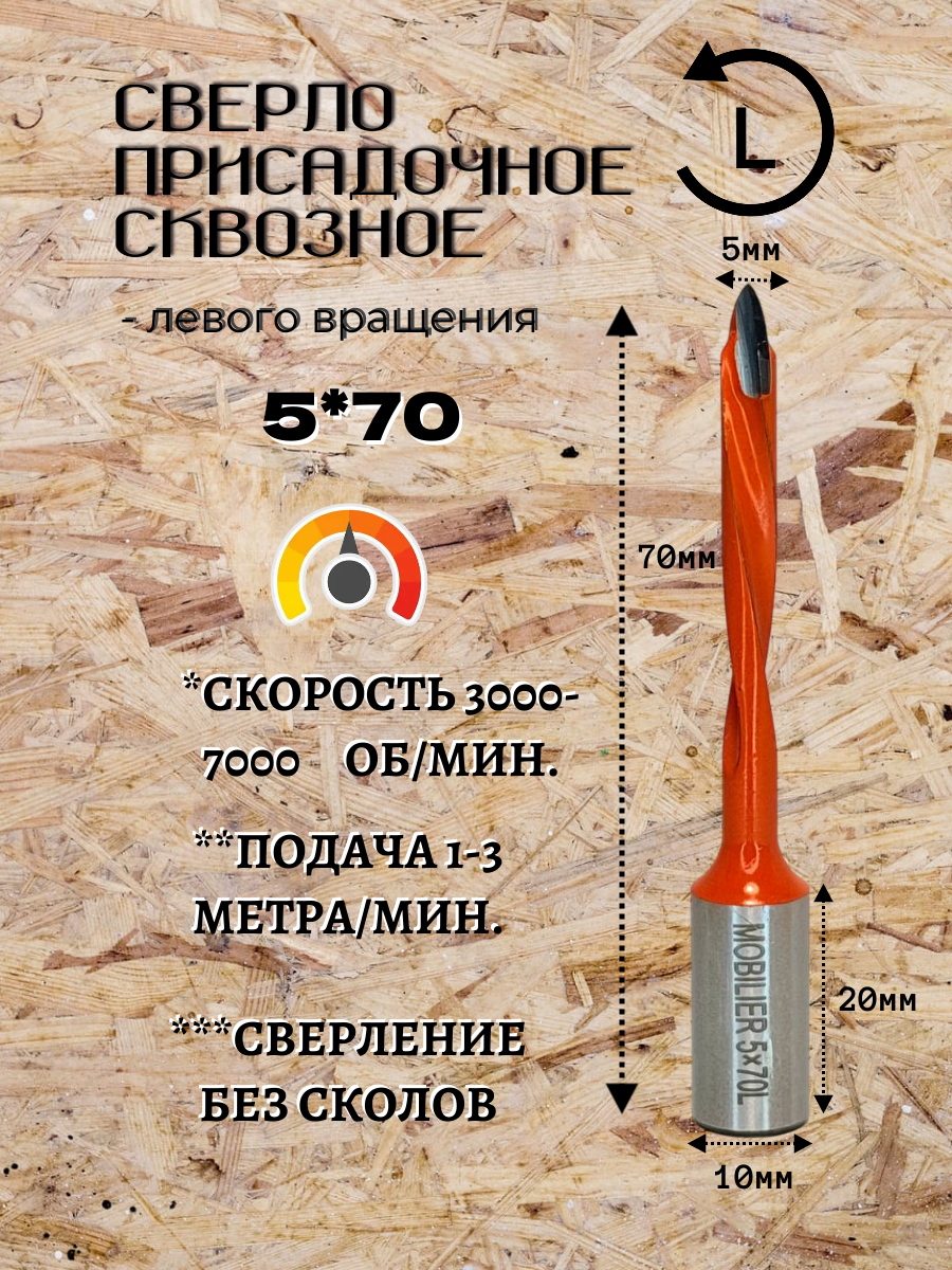 Сверло присадочное сквозное левого вращения 5*70 S10*H20 LH