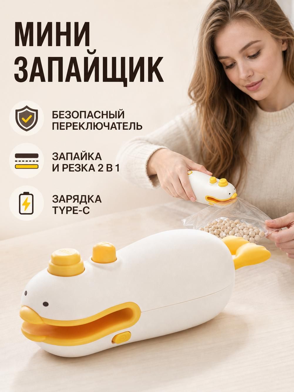 Мини-запайщик пакетов ручной магнитный беспроводной для кухни и хранения продуктов питания, 1 шт.