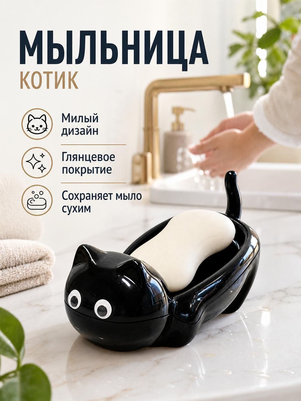 Мыльница керамическая Кошка со сливом для ванной комнаты, декоративная подставка мыла интерьерная фигурка, микс цветов