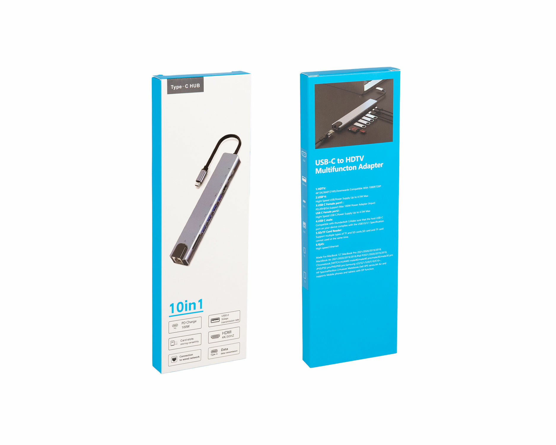 Переходник - разветвитель USB HUB 10 в 1 Type-C, HDMI, SD Card, TF Card, LAN серебристый