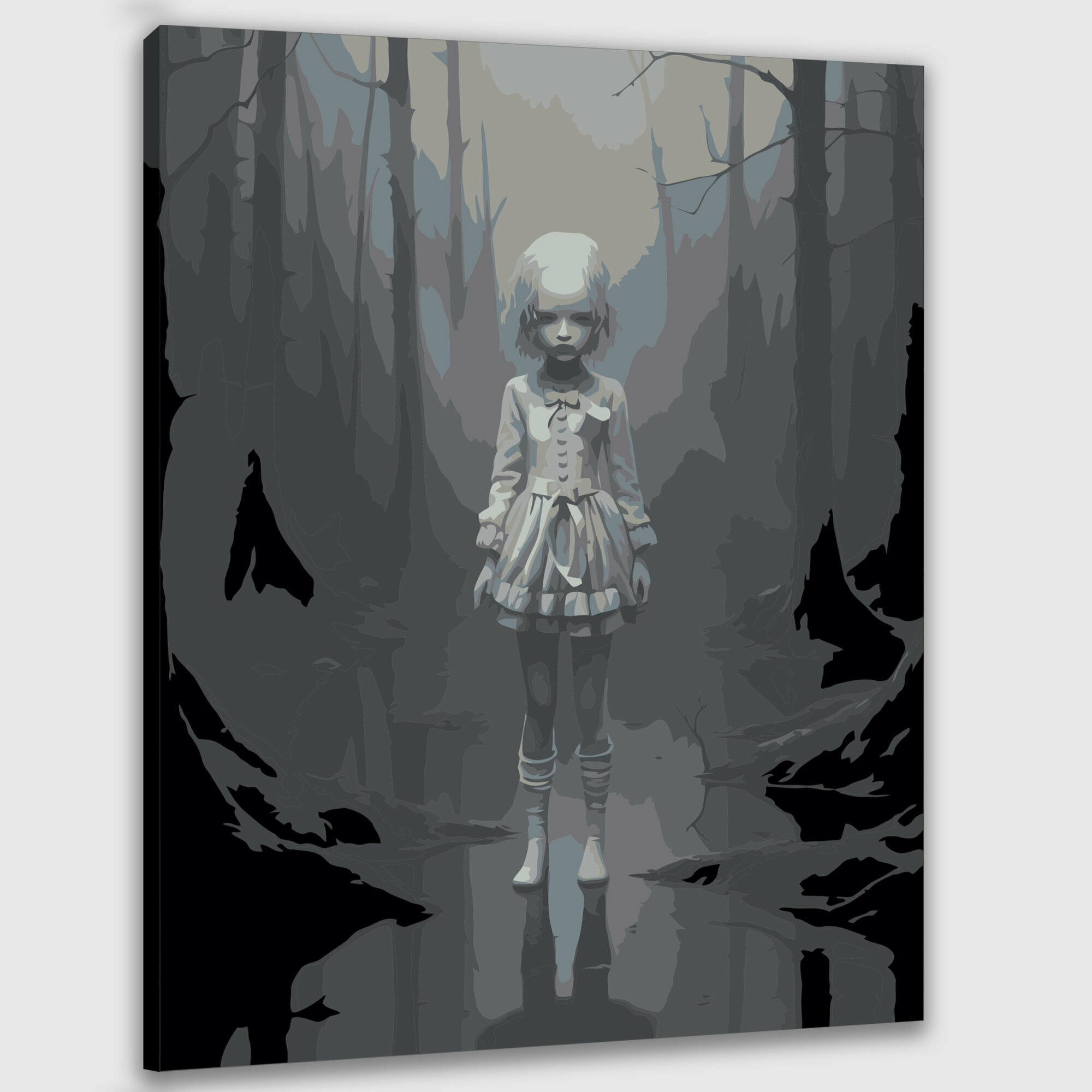 Картина по номерам 40x50 см, картина, масло, кукла, туман, лес, свет, тени, фарфоровая кожа, жуткая красота