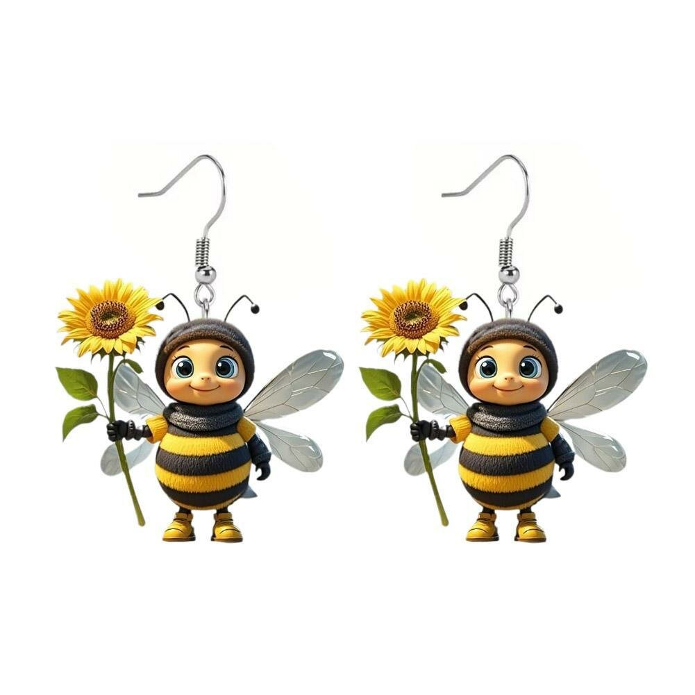1 пара двухмерных акриловых сережек в виде пчелок с подсолнухами