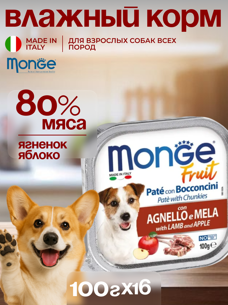 Корм влажный для собак ягненок с яблоком Monge Dog Fruit Pate ламистер паштет, 100 г х 16 шт