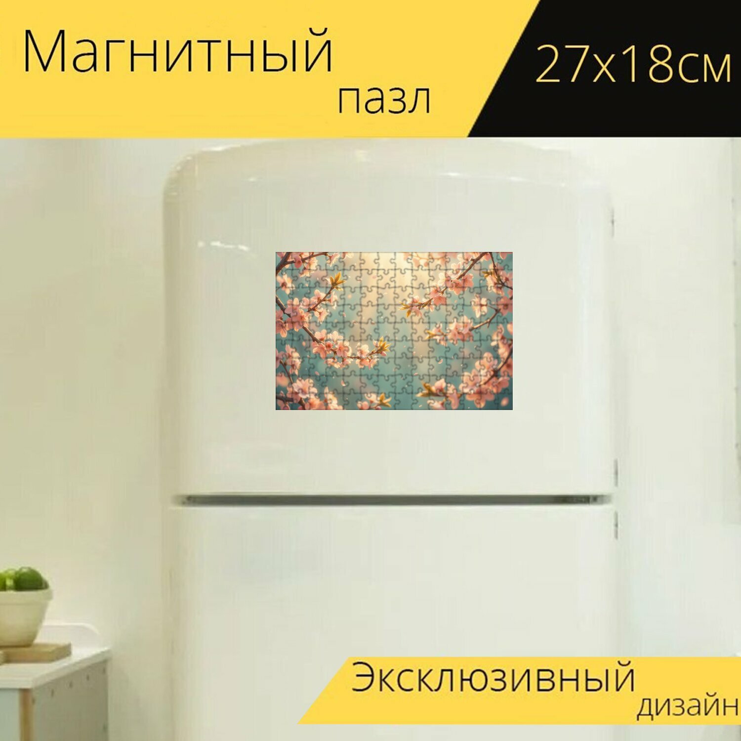 Магнитный пазл "Весенние цветы в солнечном свете. Нежные розовые цветущие ветви в мягком сиянии, лепестки в воздухе, пастельная бирюзово-золотая палитра." на холодильник 27 x 18 см.