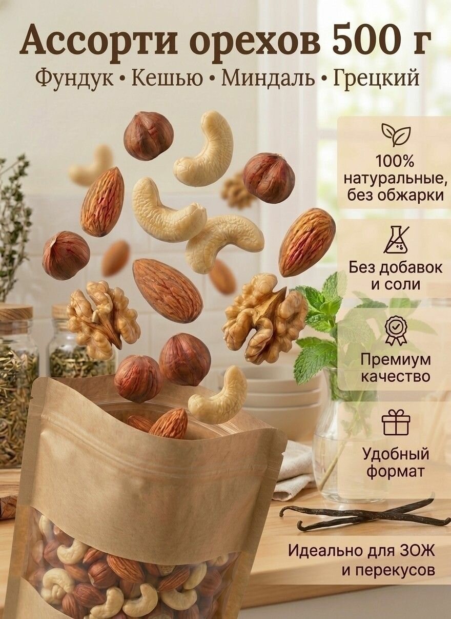 Ассорти ореховое, смесь орехов (сырые фундук, кешью, миндаль, грецкий) 500 г