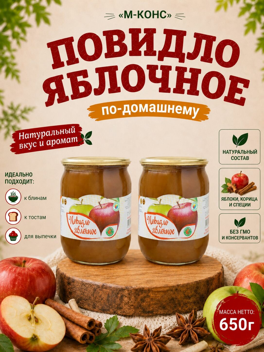 Повидло яблочное Мичуринское ГОСТ, 2 шт. по 650 г