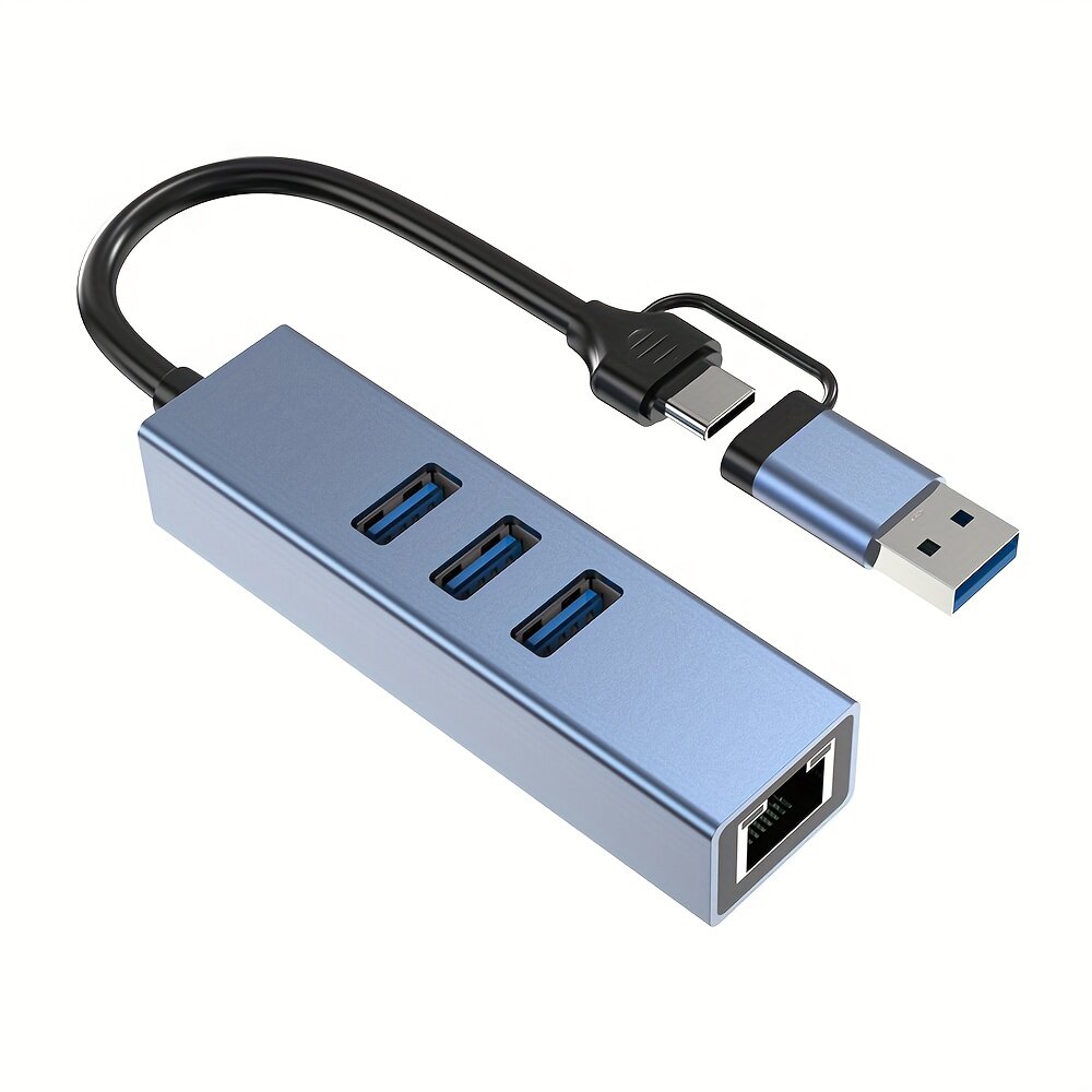 Портативный алюминиевый 4-в-1 хаб с тремя портами USB 3.0 (до 5 Гбит/с) и портом Ethernet 1000 Мбит/с для ноутбуков, ПК и планшетов с USB-A и USB-C, серый