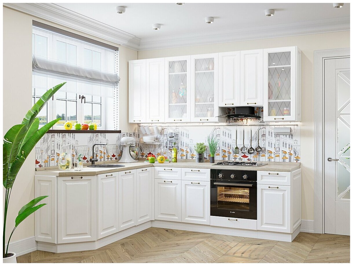 Кухня Ницца-03, цвет фасада Белый, цвет каркаса Белый, 2340*1890/2400*600 мм