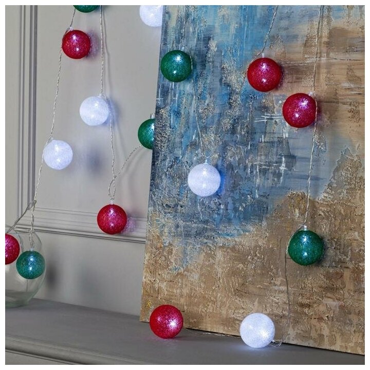 Гирлянда "Нить" 5 м с насадками "Клубки лесные", IP20, прозрачная нить, 20 LED, свечение белое, фиксинг, 220 В