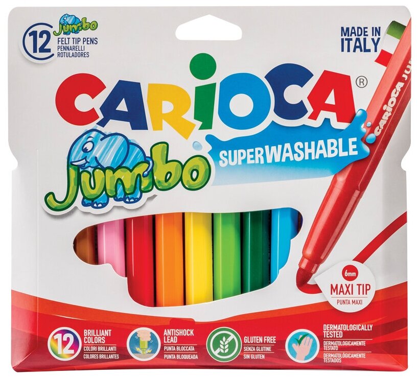 Фломастеры Carioca "Jumbo", 12цв, утолщенные, смываемые, картон, европодвес