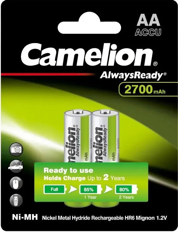 AA Аккумуляторная батарейка CAMELION NH-AA2700ARBP2, 2 шт. 2700мAч