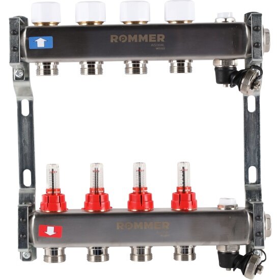 Коллектор Rommer с расходомерами, с клапаном вып. воздуха и сливом 4 вых.