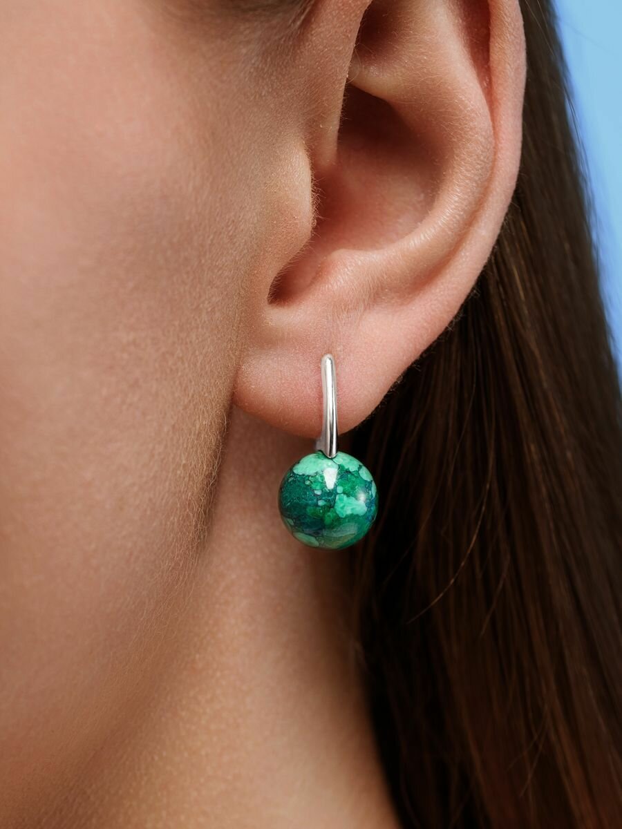 Серьги двусторонние, серебро, 925 проба, родирование, малахит синтетический