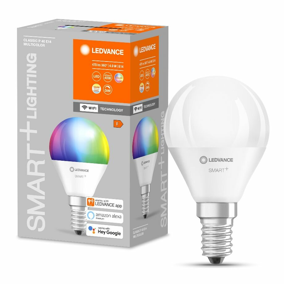 Лампа диммируемая светодиодная LEDVANCE SMART+ WiFi Mini bulb, 470лм, 5Вт замена 40Вт, RGBWК мультицвет, цоколь E14