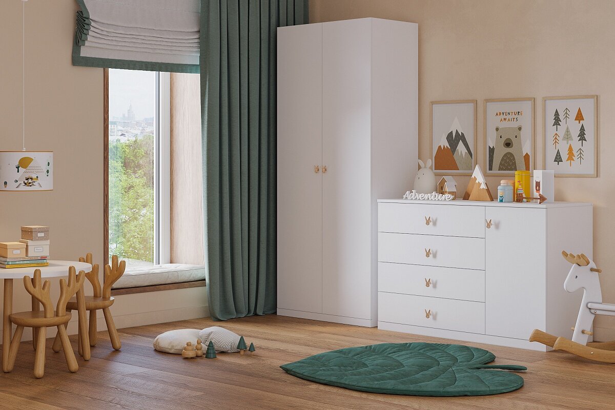 Детская стенка МебельЛэнд24 Банни Mini - 7 Белый 210x52x210 со шкафом с комодом