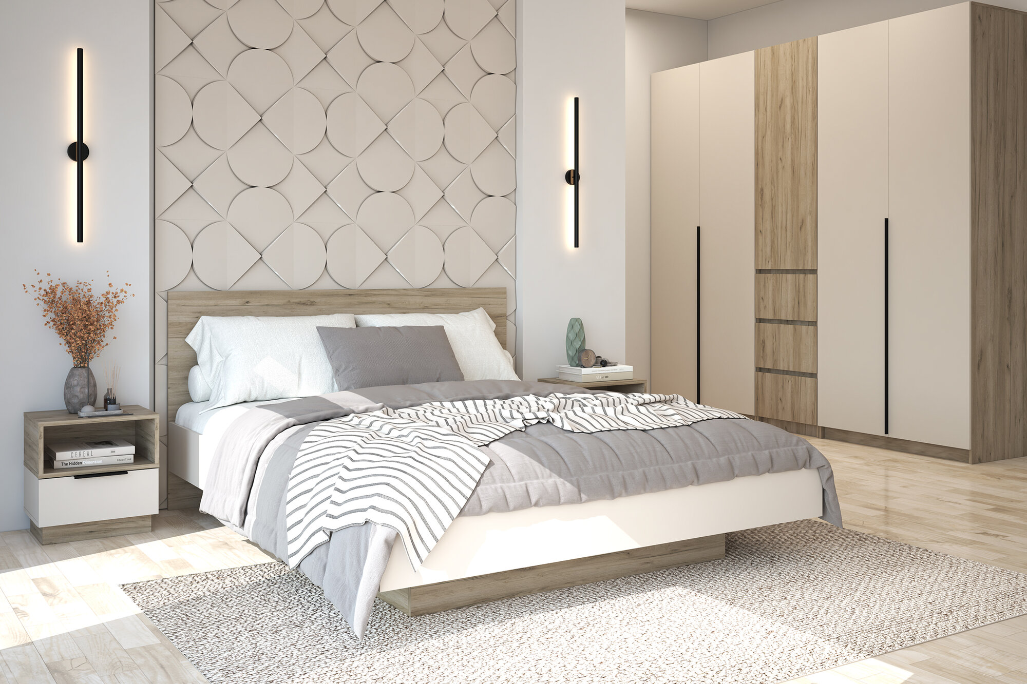 Кровать двуспальная Нонтон Бохо, 160x200 см, настил, дуб крафт серый / кашемир