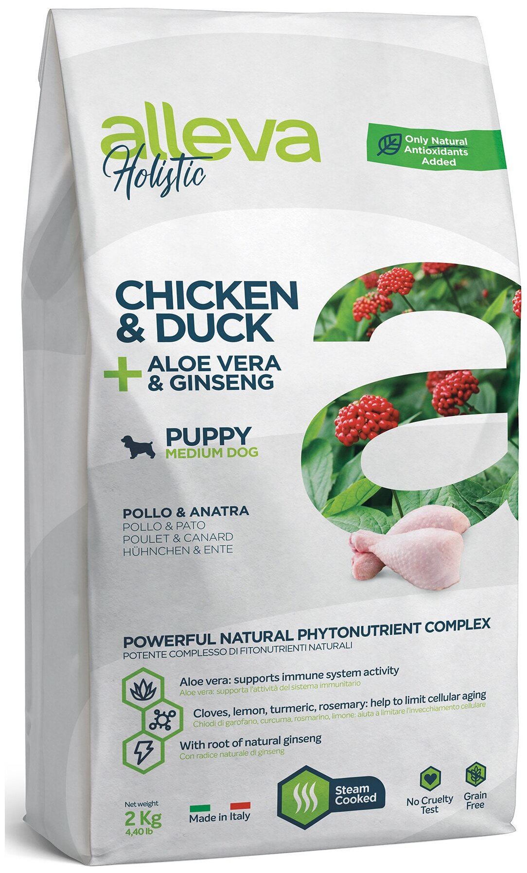 Сухой корм ALLEVA Holistic Puppy Junior Chicken & Duck Medium для щенков и юниоров средних пород, 2 кг.