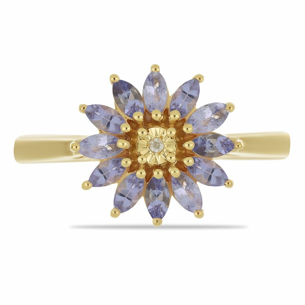 Кольцо, серебро, 925 проба, золочение, бриллиант, танзанит