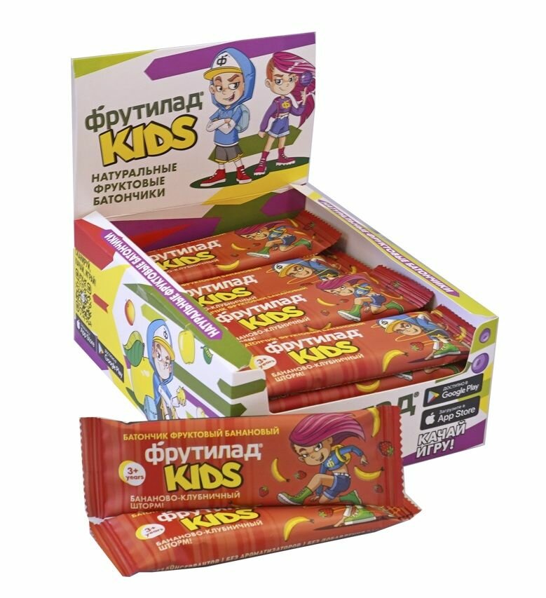 Натуральные фруктовые батончики для детского питания Фрутилад Kids "Бананово-клубничный шторм" 24 шт./600 грамм.