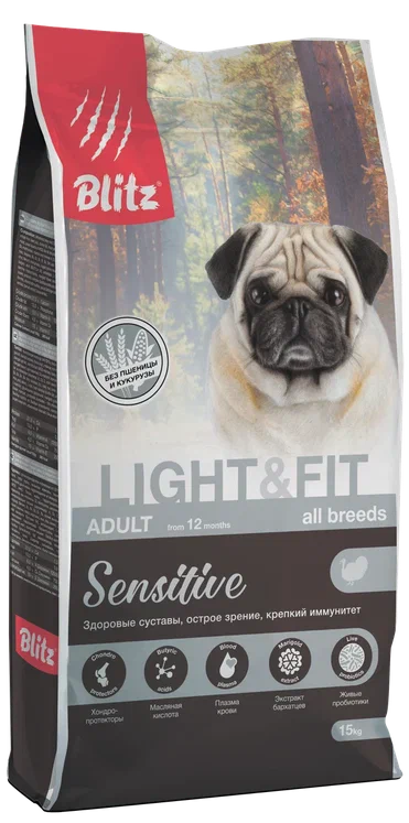 Blitz Adult Light&Fit Sensitive сухой корм для взрослых собак всех пород с лишним весом, с индейкой - 1,8 кг