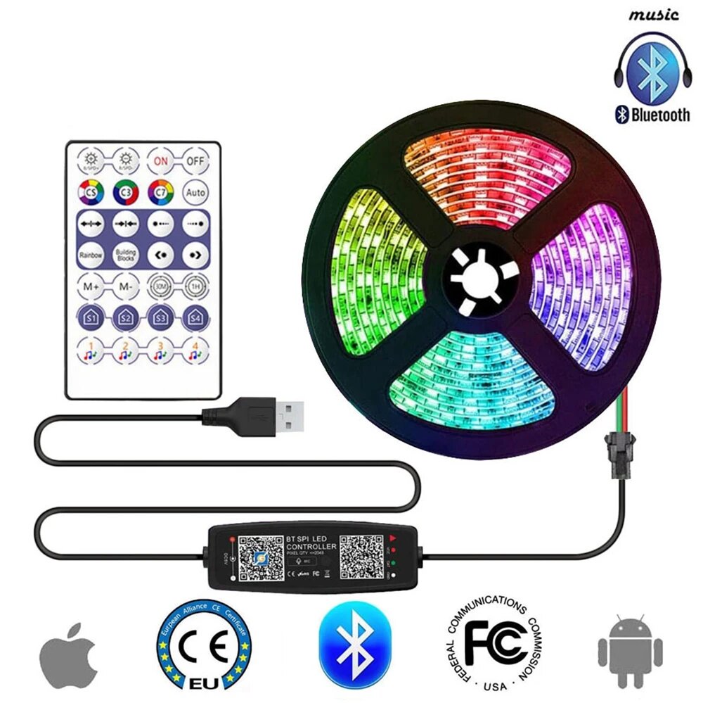 Светодиодная лента LOAMLIN WS2812B RGB USB Bluetooth 4m 74Led Kit, Black PCB, IP65 Waterproof