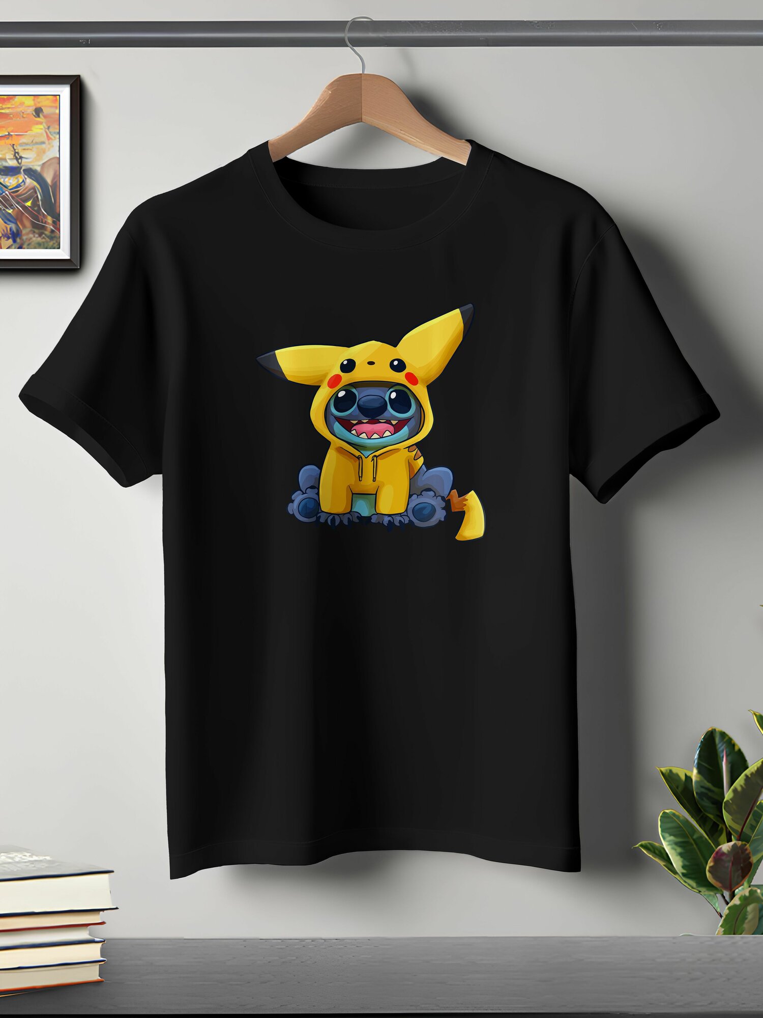 Футболка  Детская ONEQ 128 (8-9) размер с принтом Стич-пикачу, черная