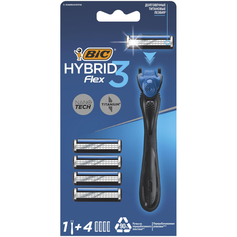 Многоразовый бритвенный станок BIC Flex 3 Hybrid, ручка + 4 сменные кассеты, черно-синий