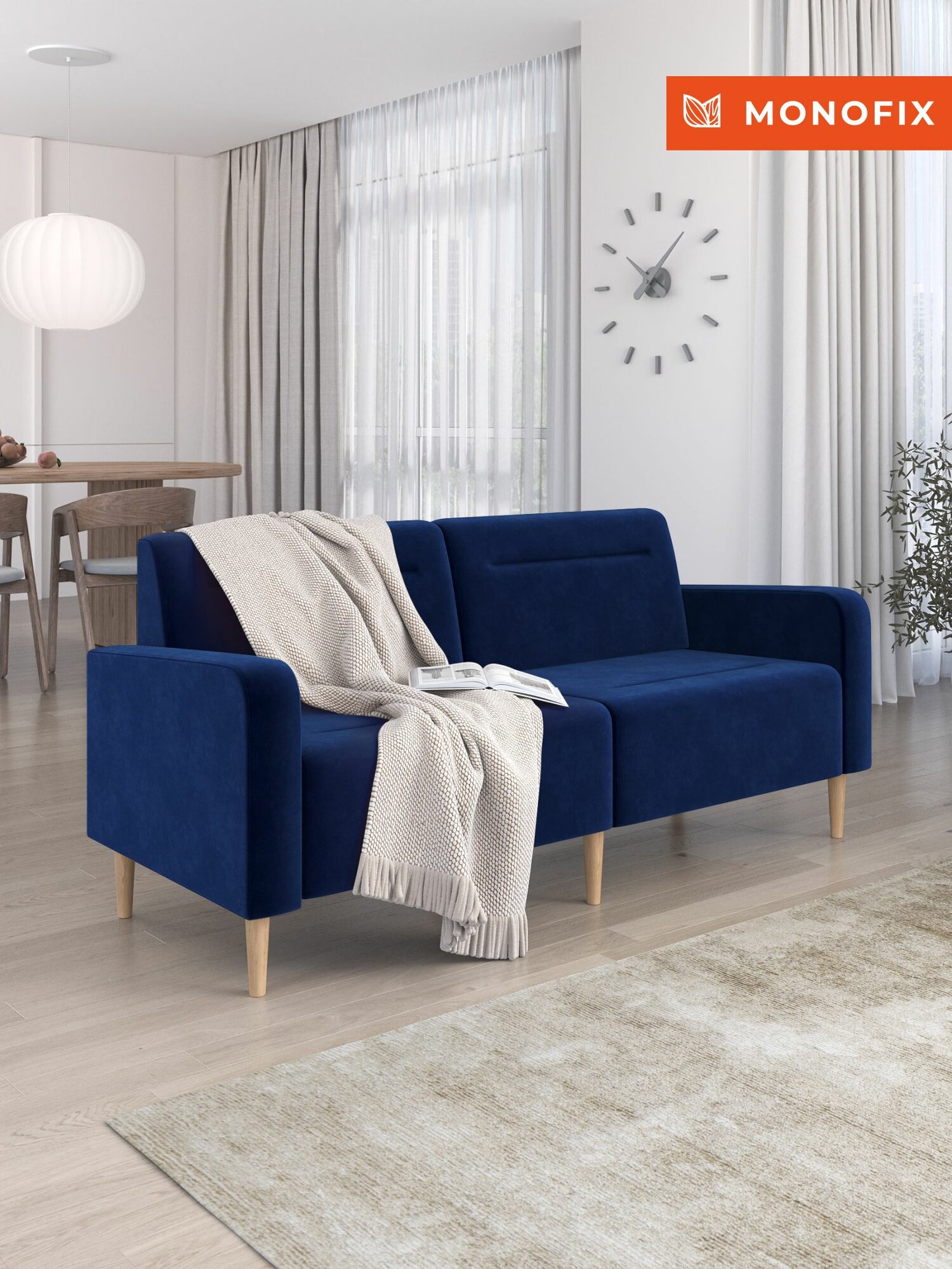 Диван прямой нераскладной MONOFIX фоксет 182 см велюр синий №26