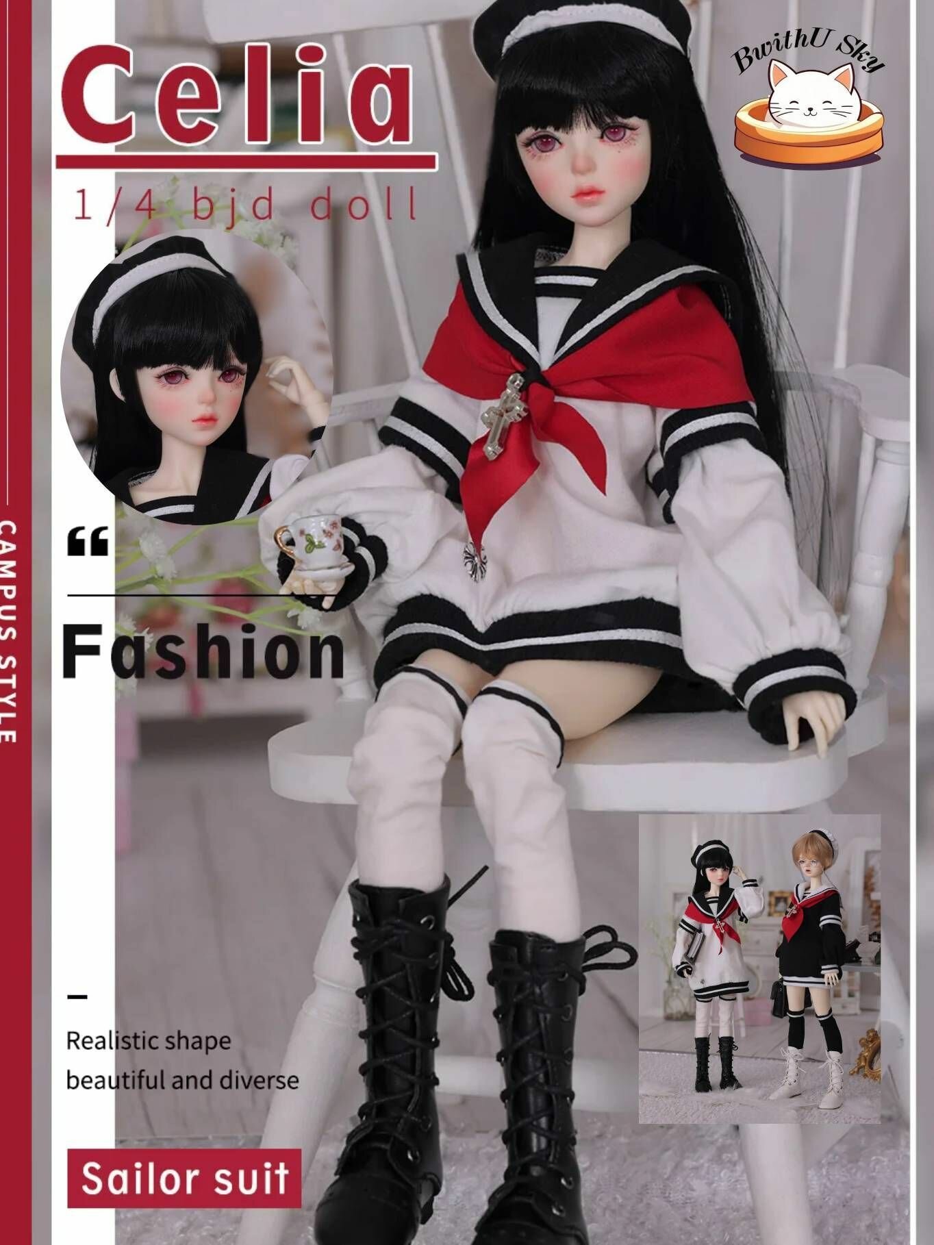 BwithU Celia 1/4 BJD Черная униформа с красной лентой, Костюм моряка, Шарнирная кукла