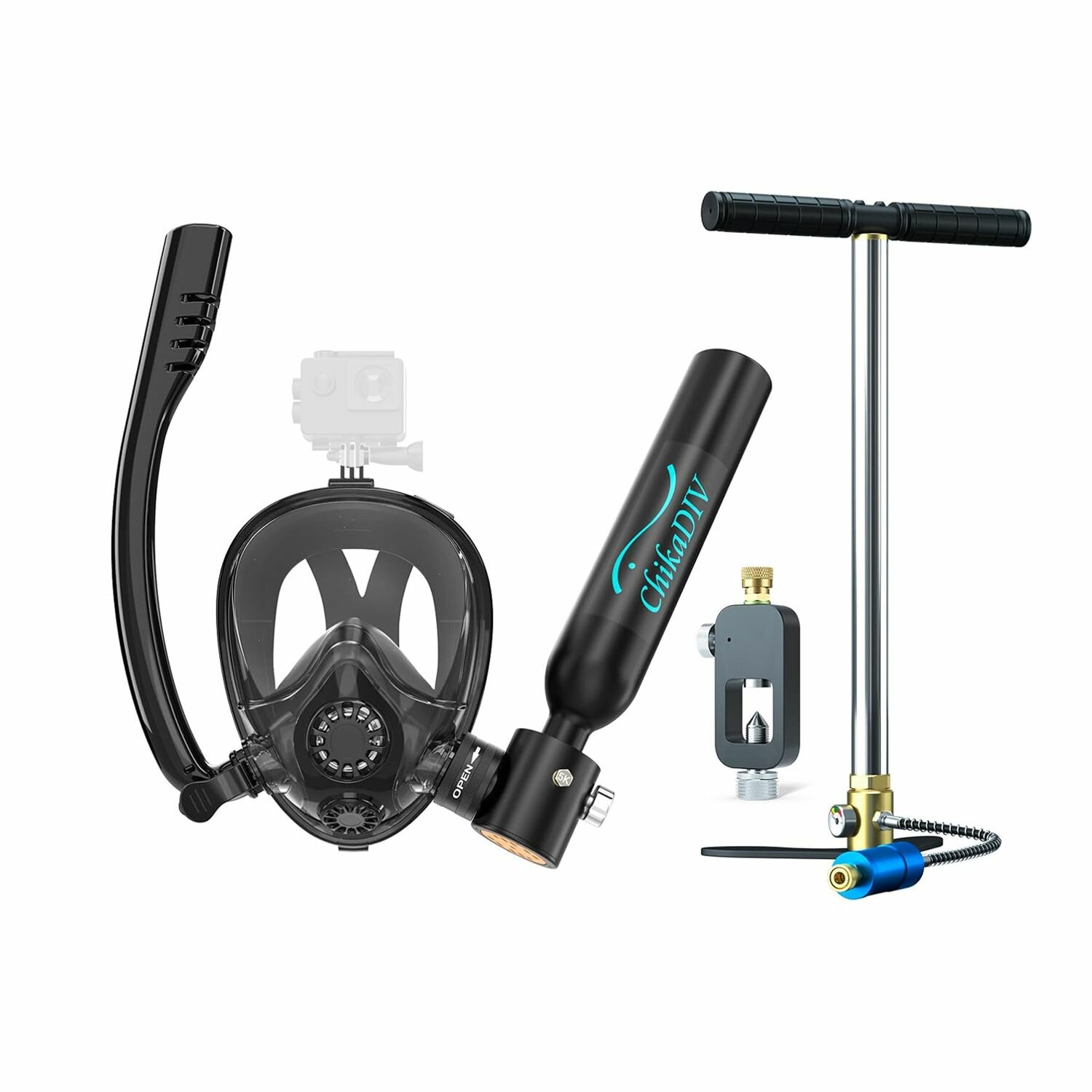 CHIKADIV 0.5L маска для дайвинга с баллоном, С насосом и адаптером для подводного плавания, можно исследовать под водой до 10 минут