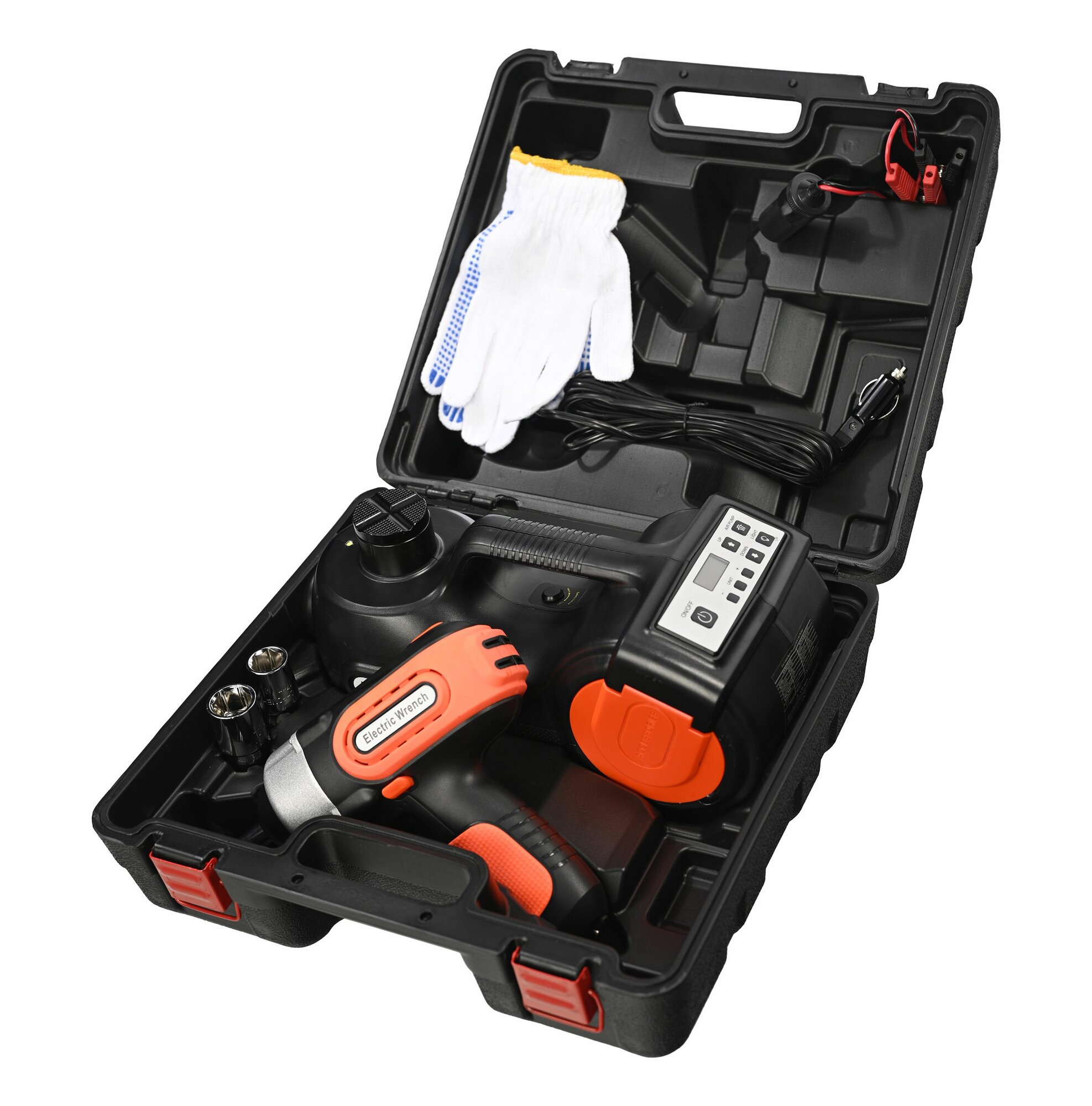 Набор для ремонта авто 4в1 Гайковерт Домкрат Насос Фонарь, с Аварийным знаком на кейсе