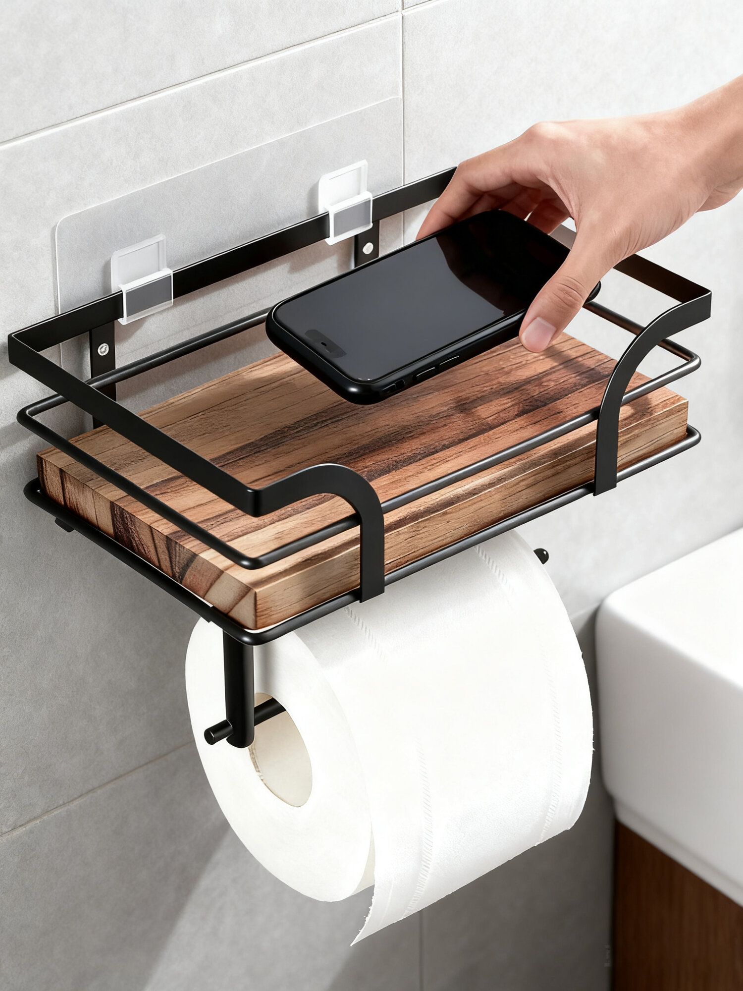 Держатель для туалетной бумаги, с полочкой, массив дерева, без перфорации, металл