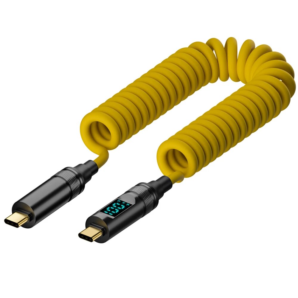 Спиральный кабель USB C со светодиодным дисплеем 100 Вт 20 Гбит/с Передача данных 8K PD 3.1 Тип C Пружинный кабель для быстрой зарядки для автомобильного телефона, YELLOW, 0.5m-1.8m Max