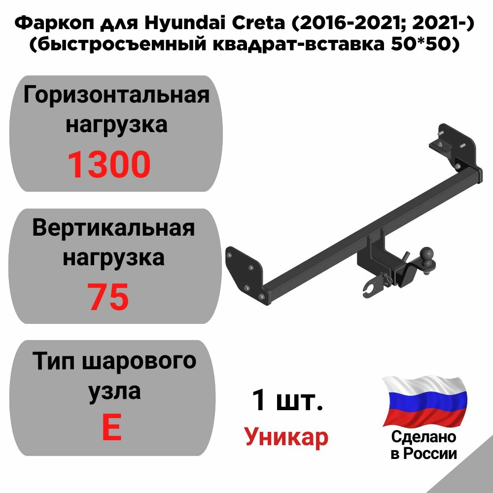 Фаркоп для Hyundai Creta (2016-2021; 2021-)(быстросъемный квадрат-вставка 50*50) "Уникар" 12068E