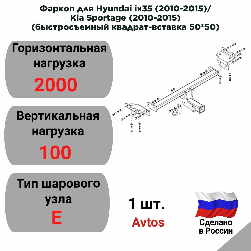 Фаркоп для Hyundai ix35 (2010-2015); Kia Sportage (2010-2015) (быстросъемный квадрат-вставка 50*50) "Avtos" HY22B