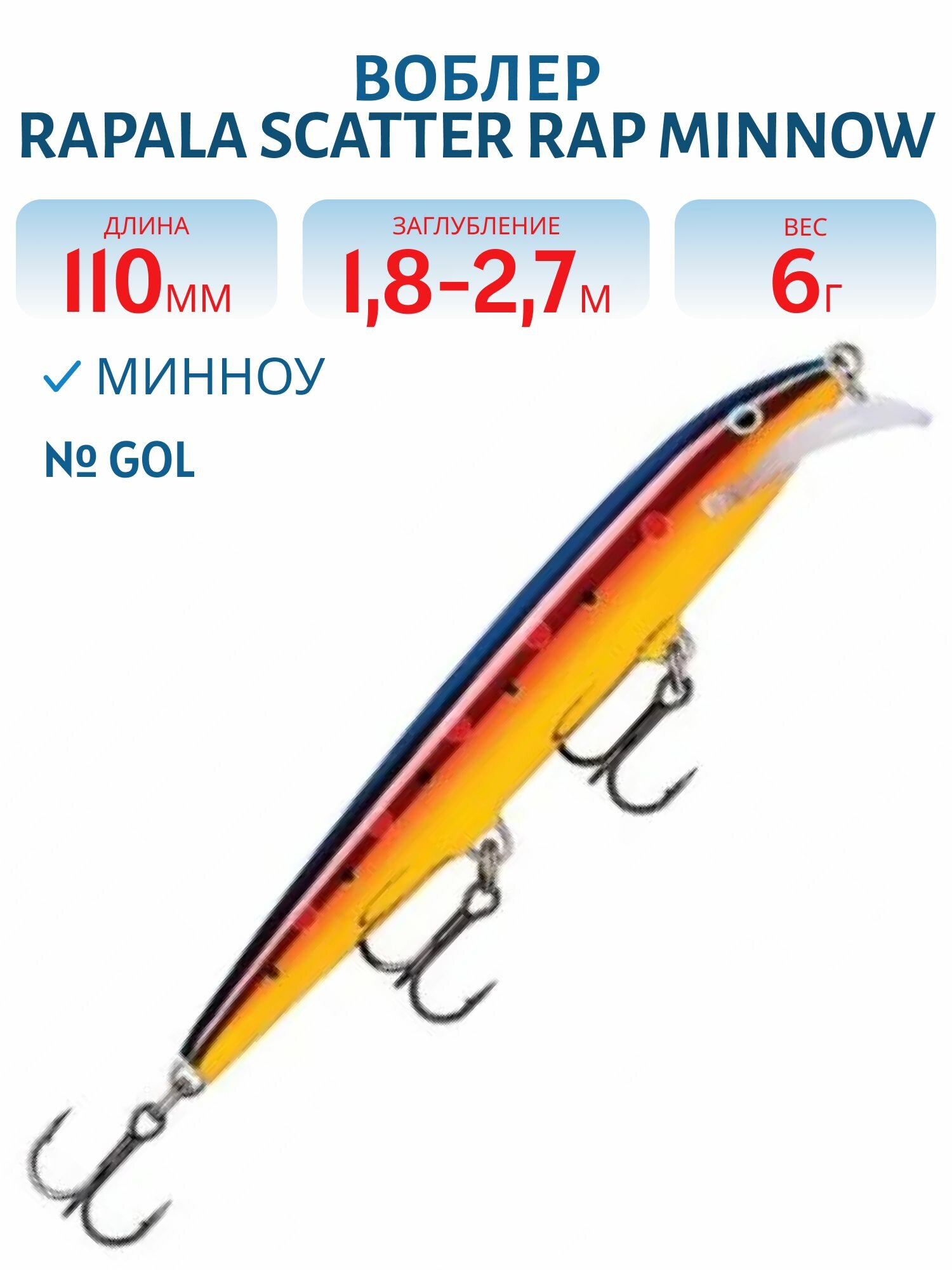 Воблер Rapala Scatter Rap Minnow 11, 6 гр, цвет GOL