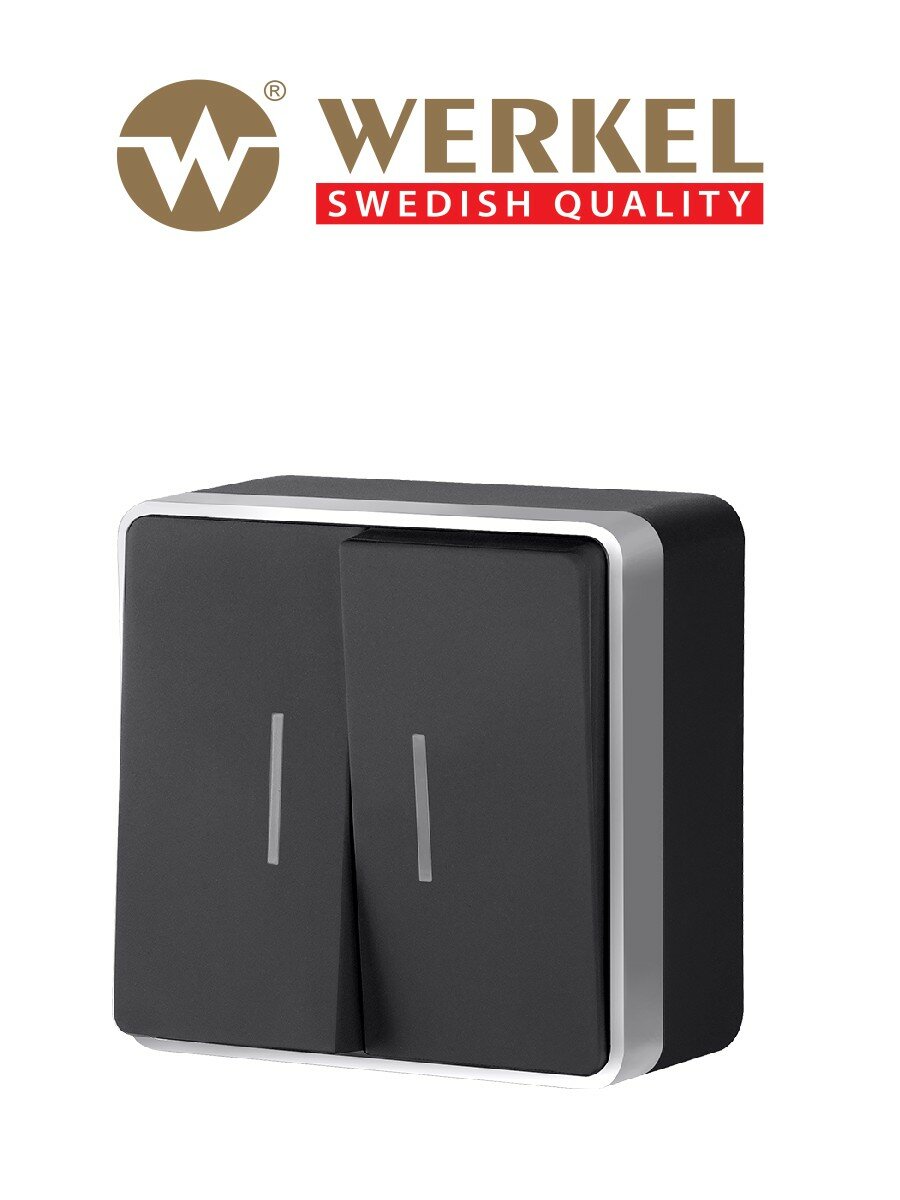 Выключатель накладной двухклавишный с подсветкой Werkel Gallant W5020134, черный с серебром