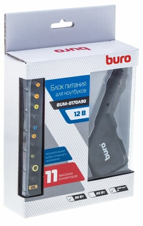 Блок питания Buro BUM-0170A90 автоматический 90W 15V-20V 11-connectors 4.5A 1xUSB 1A от прикуривател