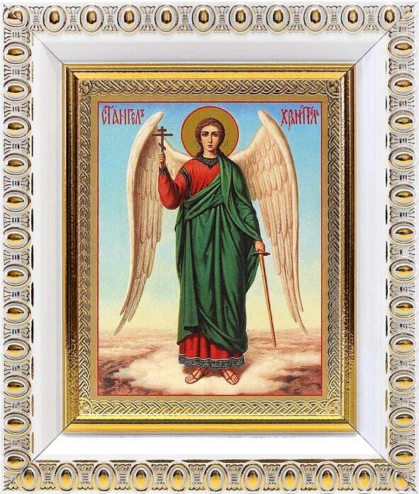 Ангел Хранитель (лик № 072), икона в белой пластиковой рамке 8,5*10 см