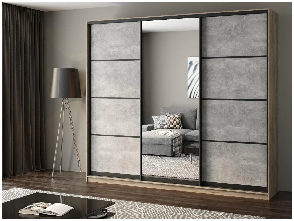 Шкаф-купе Матэрна лофт крафт серый / бетон серый + зеркало, 270х58х240 см
