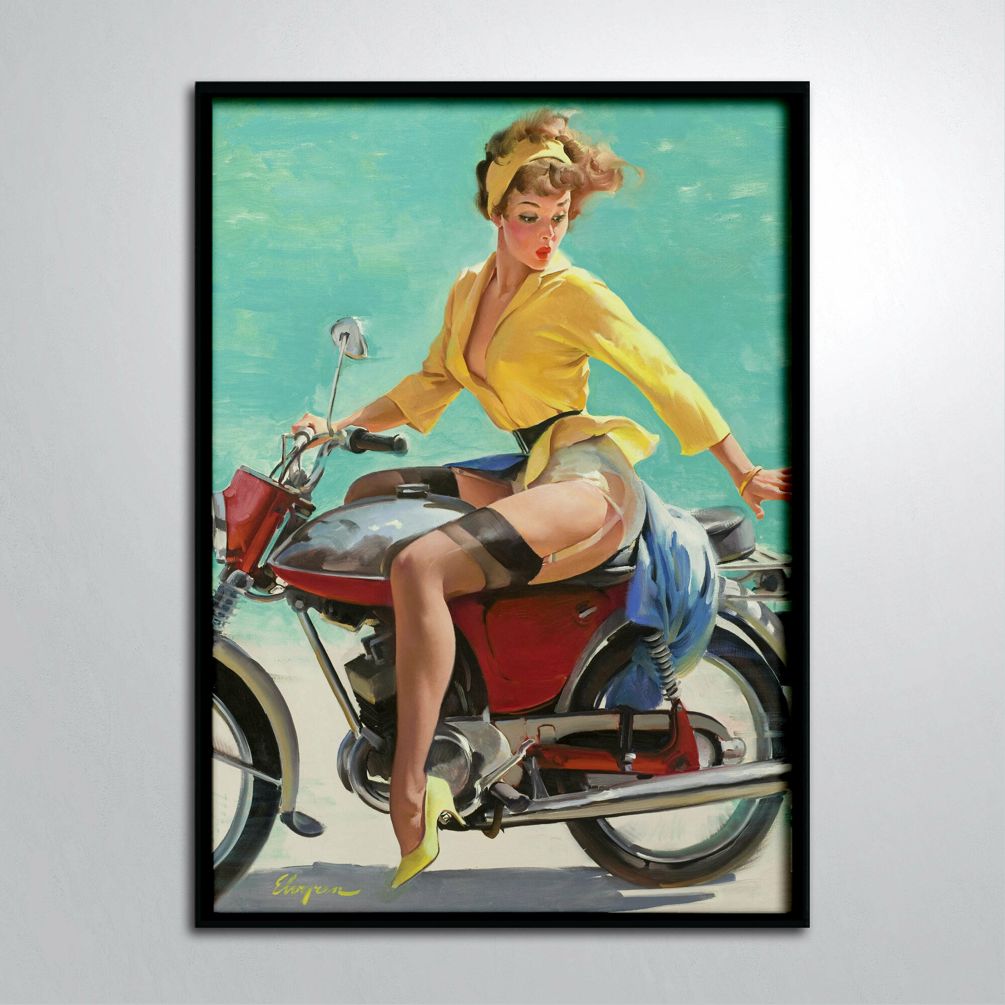 Постер без рамы/Постер для интерьера/Винтажный Плакат Пин Ап Мотоцикл Pin-up (А2/420х594)