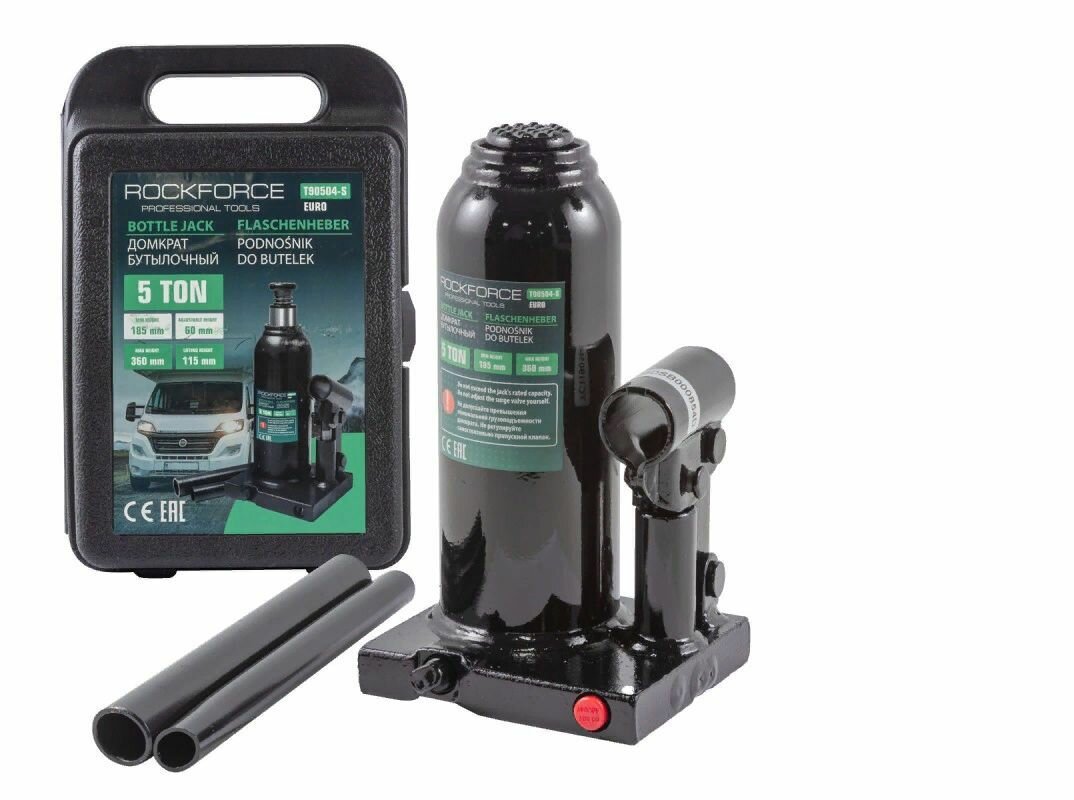 Домкрат гидравлический RF-T90504S-EURO бутылочный с клапаном 5т (выс. подъема 185-360мм) в кейсе ROCKFORCE