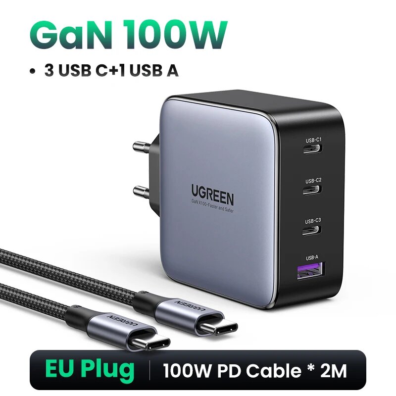 UGREEN 100W GaN зарядное устройство EU, 3 USB-C + 1 USB-A, кабель 2м