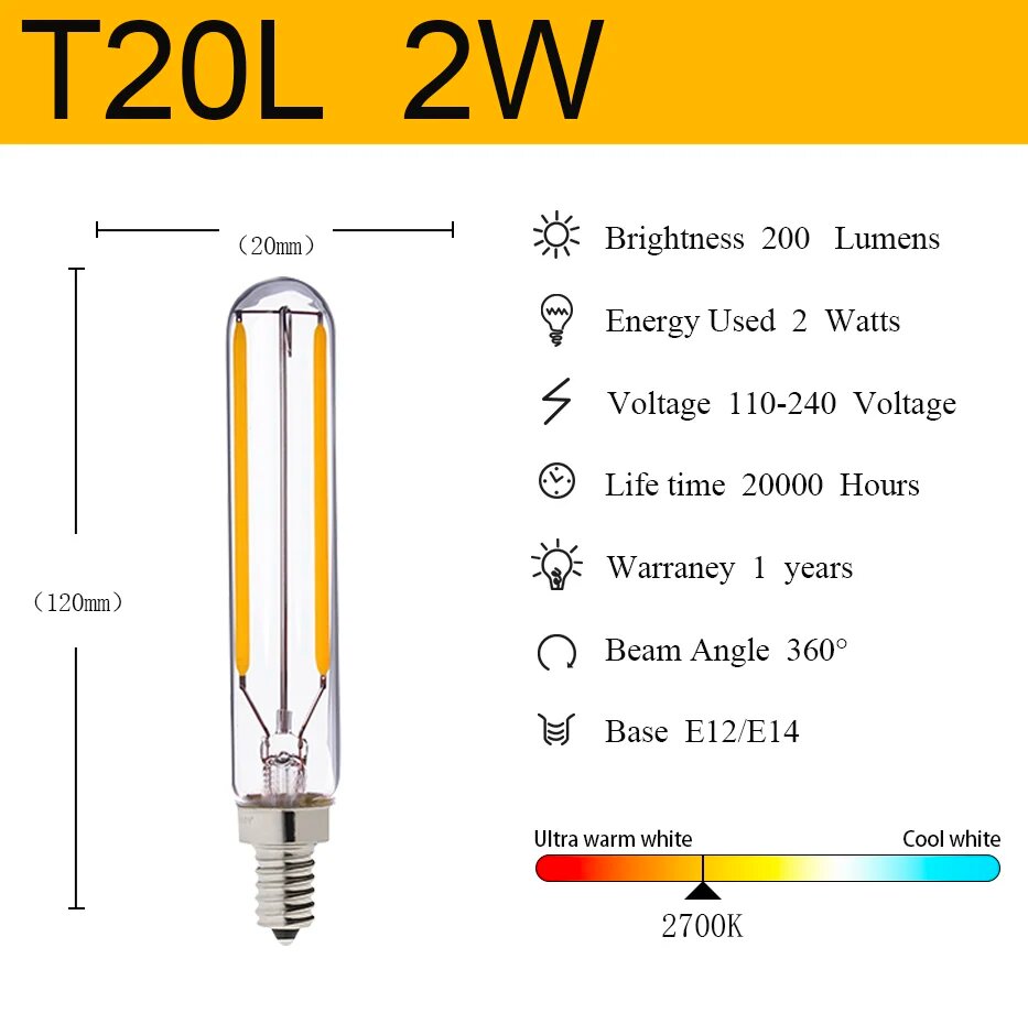 Grensk Эдисон T20 LED лампы 4 шт. T20L 2W Clear 2700K, E14 220V-240V