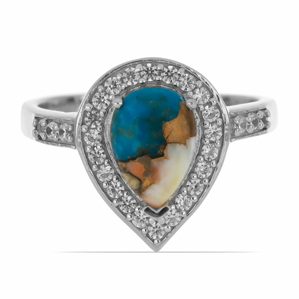 Кольцо, серебро, 925 проба, родирование, циркон, бирюза