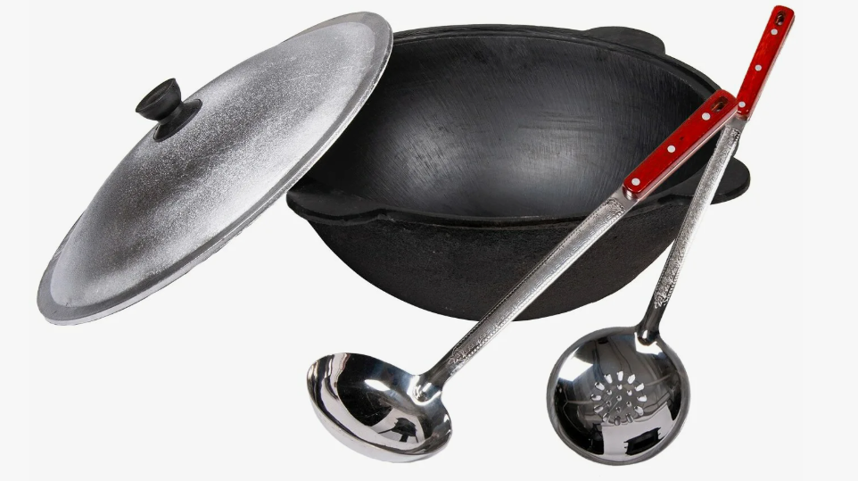 Чугунный наманганский казан 12л круглое дно с крышкой. Толстостенный 8мм узбекский казан с клеймом + шумовка и половник