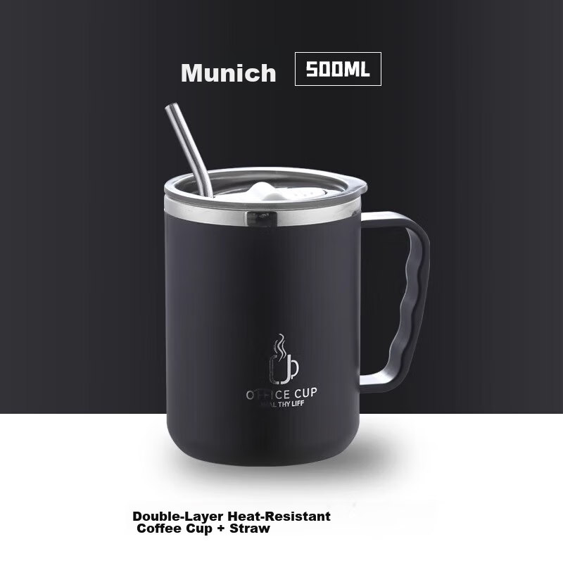 PINYU 304 Stainless Steel Water Cup, Mug, Coffee Cup, Home Use with Lid, Includes Straw, Men's Office Drinking Cup, Black